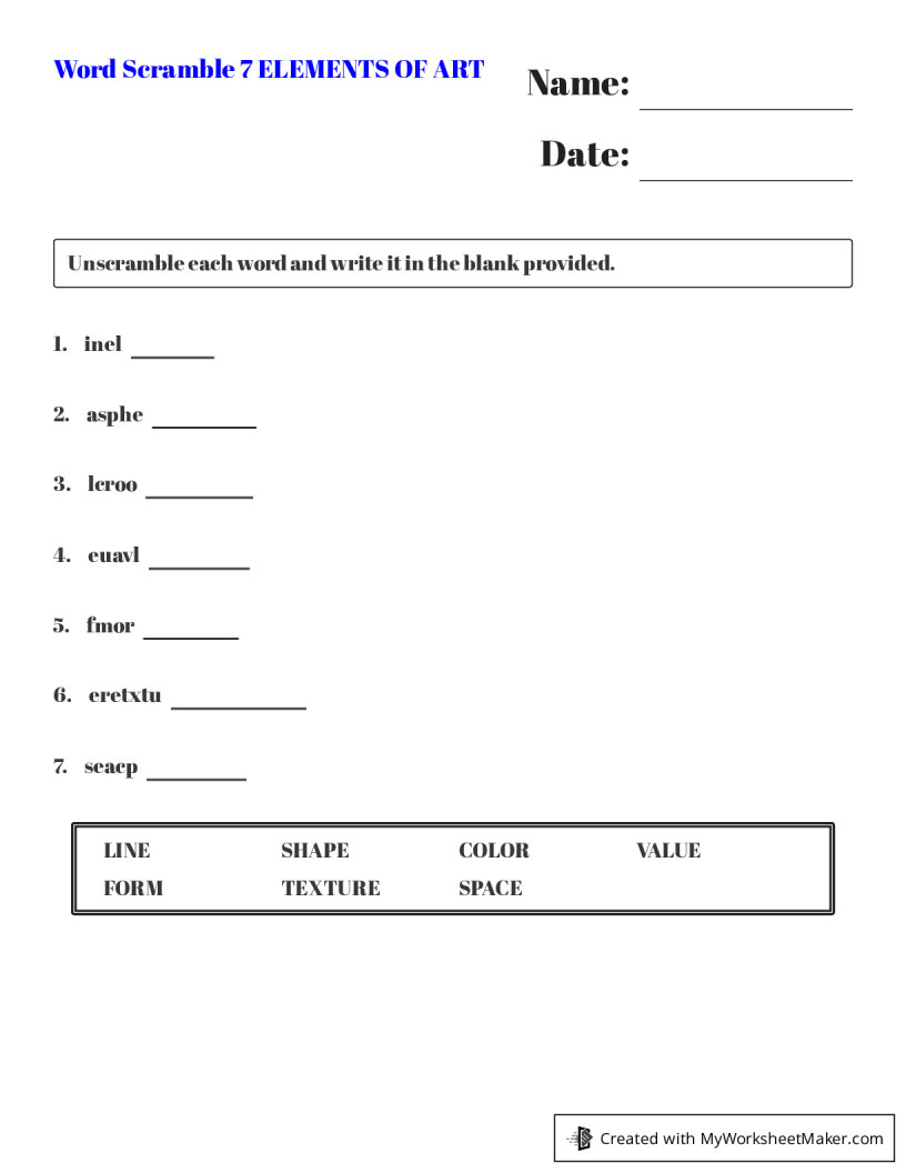 Word Scramble 7 ELEMENTS OF ART - My Worksheet Maker: Create Your Own ...