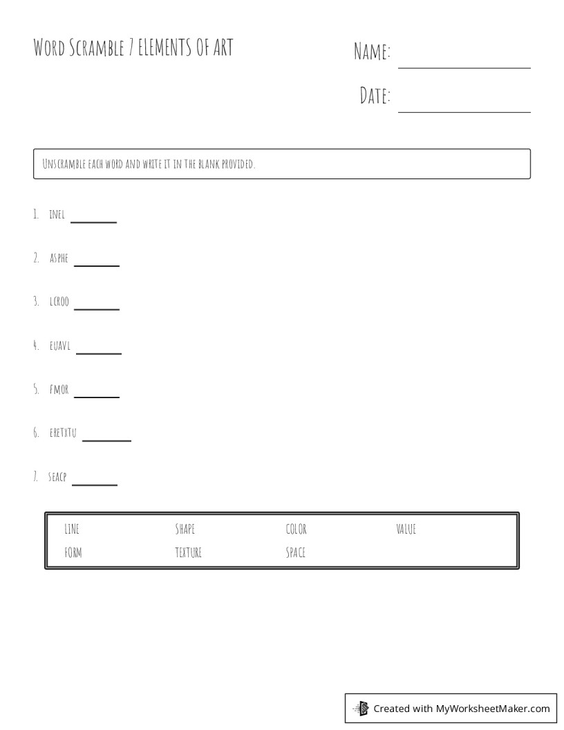 Word Scramble 7 ELEMENTS OF ART - My Worksheet Maker: Create Your Own ...