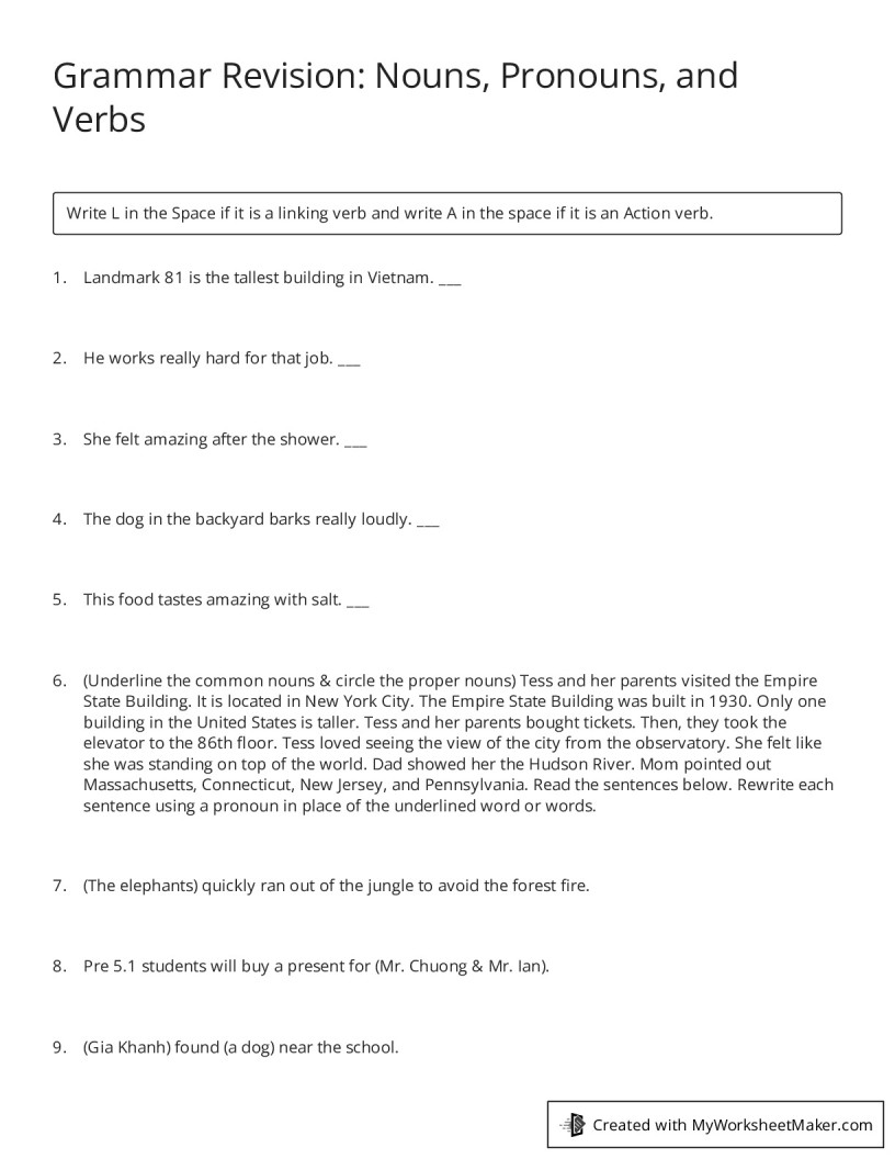 Grammar Revision: Nouns, Pronouns, and Verbs - My Worksheet Maker ...