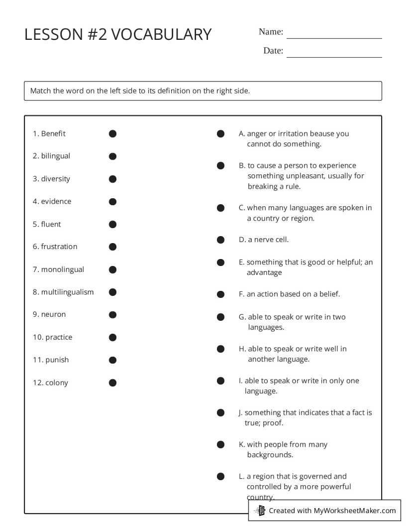 LESSON #2 VOCABULARY - My Worksheet Maker: Create Your Own Worksheets