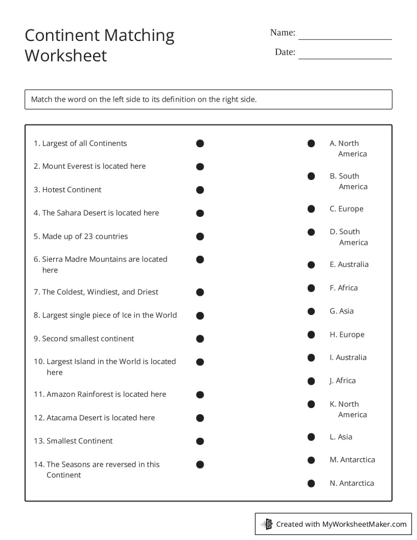 Continent Matching Worksheet - My Worksheet Maker: Create Your Own ...