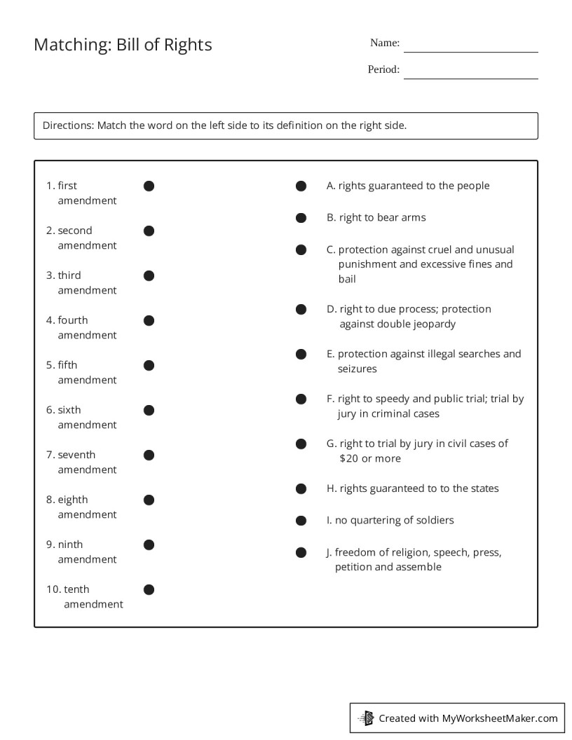 Matching: Bill of Rights - My Worksheet Maker: Create Your Own Worksheets