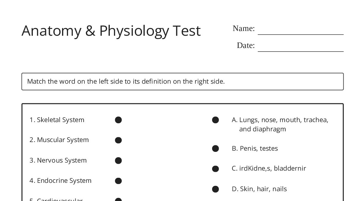 Anatomy & Physiology Test - My Worksheet Maker: Create Your Own Worksheets