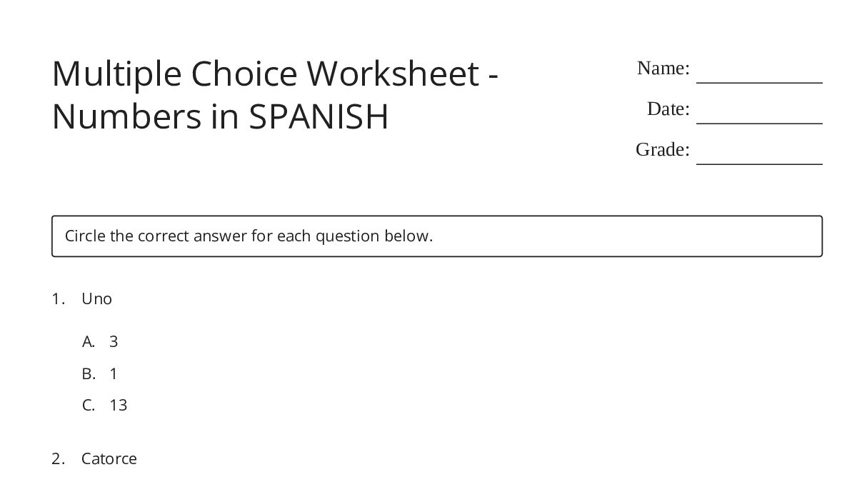 Multiple Choice Worksheet - Numbers in SPANISH - My Worksheet Maker ...