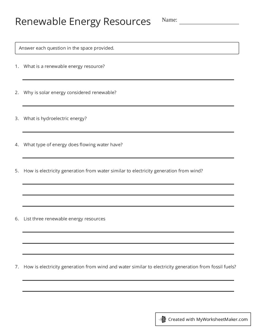 Renewable Energy Resources - My Worksheet Maker: Create Your Own Worksheets