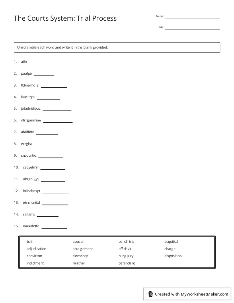 The Courts System: Trial Process - My Worksheet Maker: Create Your Own ...