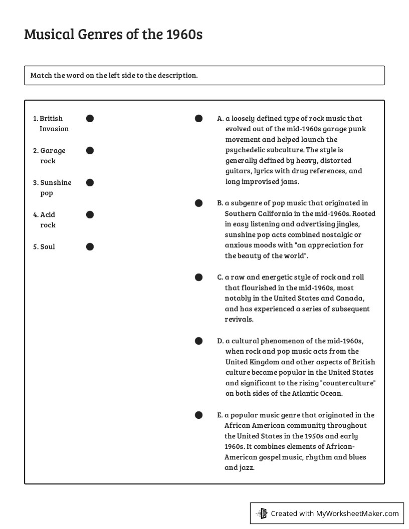 Musical Genres of the 1960s - My Worksheet Maker: Create Your Own ...