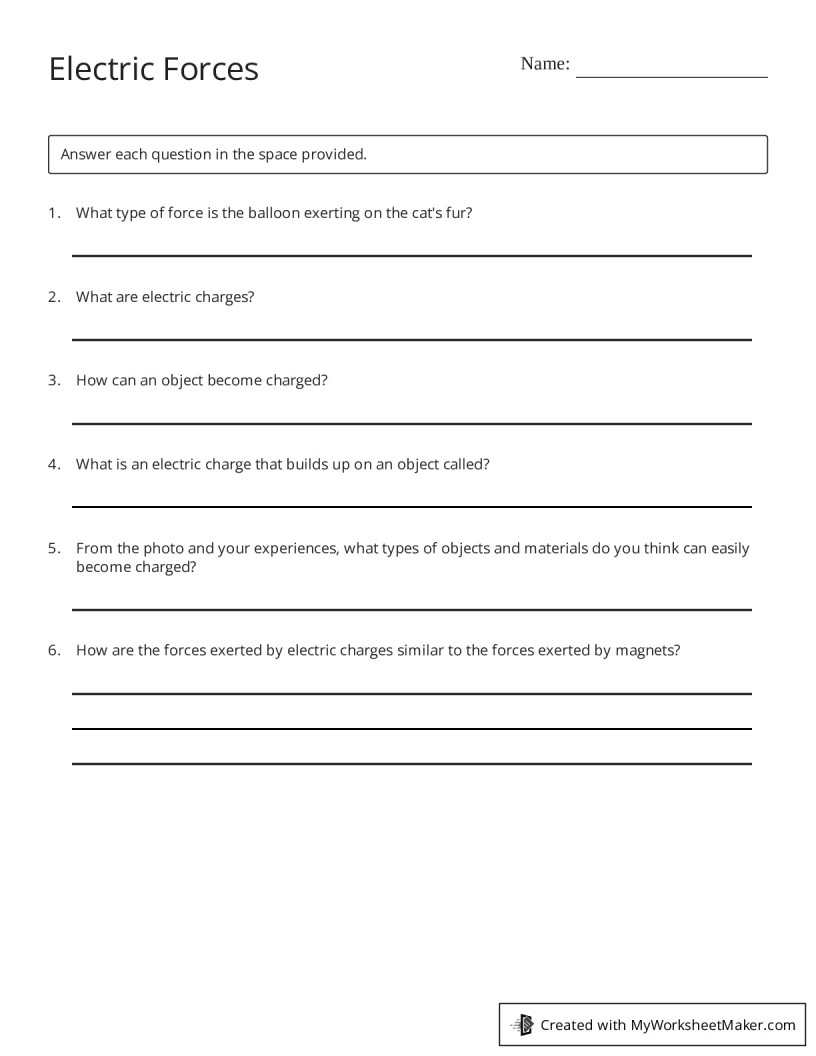 Electric Forces - My Worksheet Maker: Create Your Own Worksheets