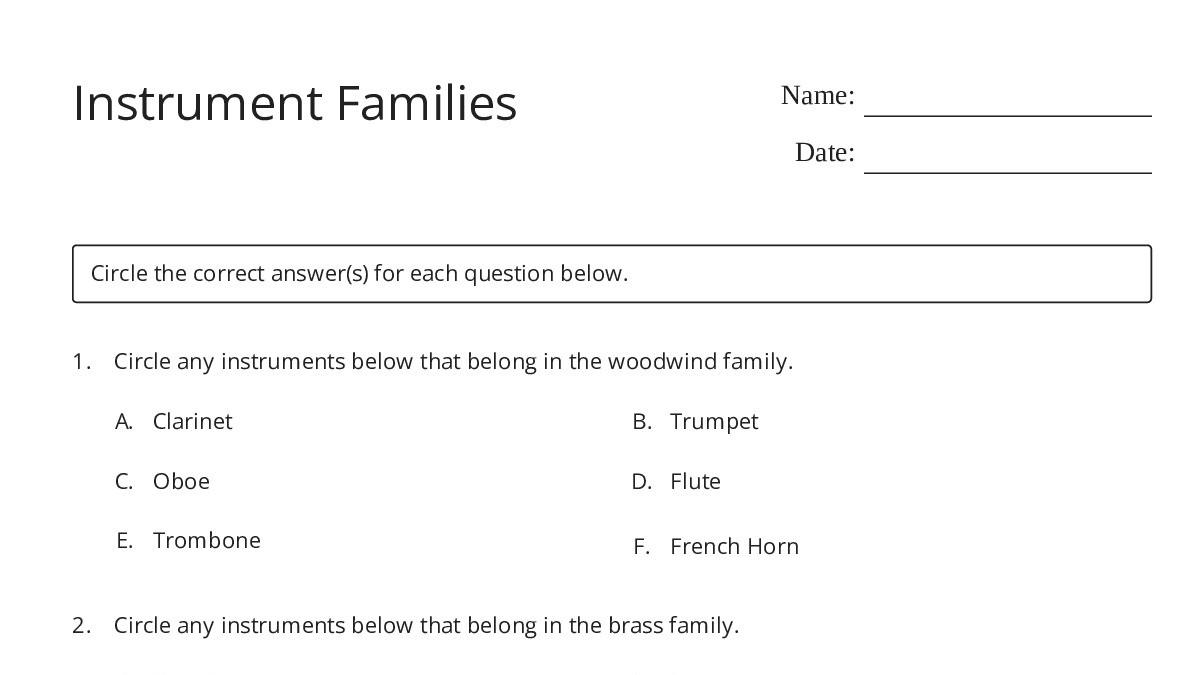 Instrument Families - My Worksheet Maker: Create Your Own Worksheets