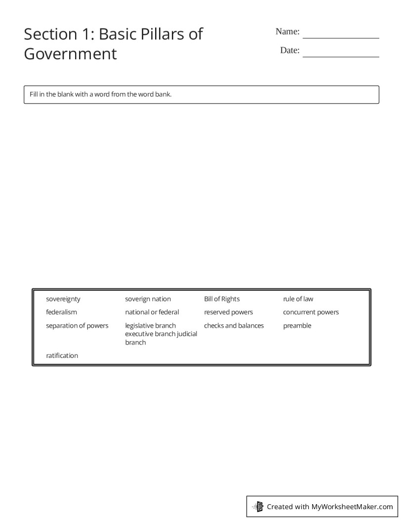 Section 1: Basic Pillars of Government - My Worksheet Maker: Create ...