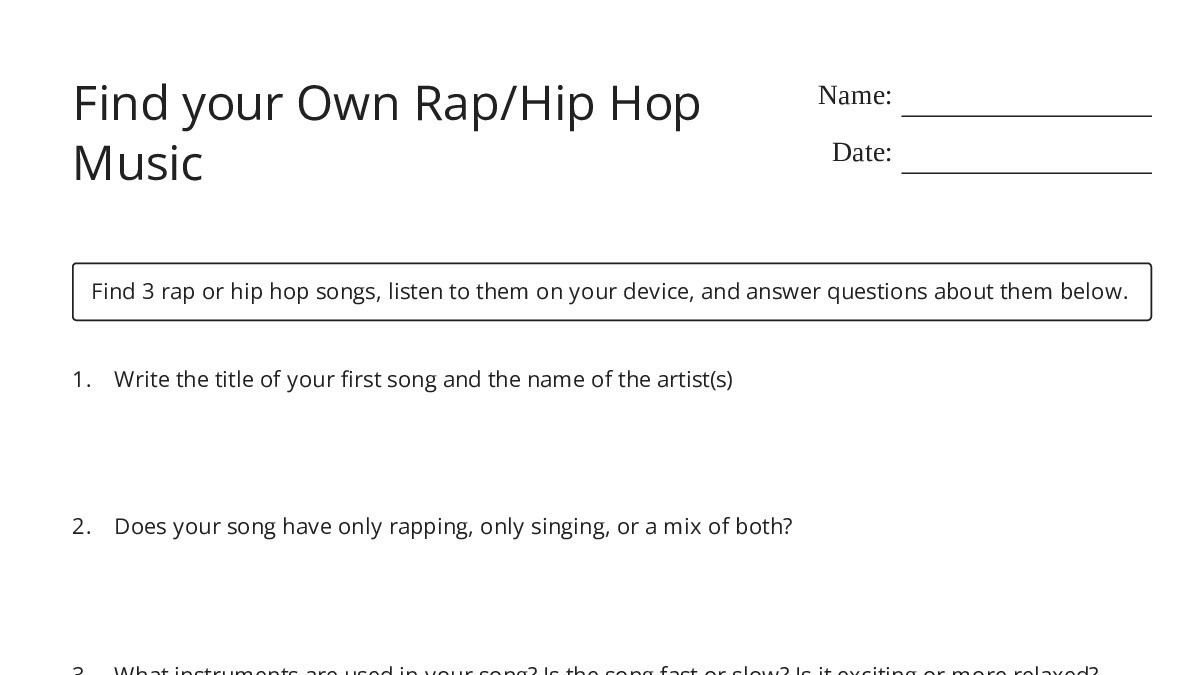 Find your Own Rap/Hip Hop Music - My Worksheet Maker: Create Your Own ...