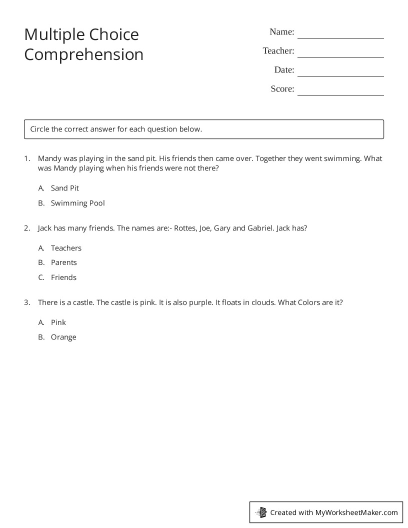 Multiple Choice Comprehension - My Worksheet Maker: Create Your Own ...