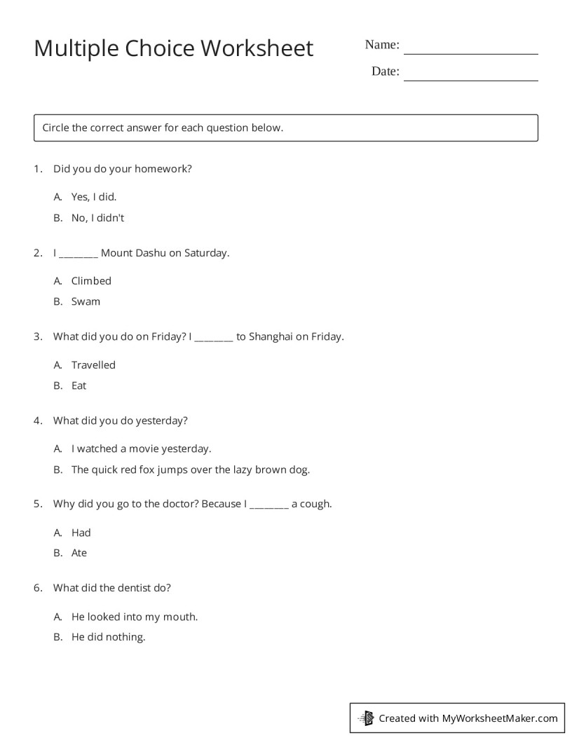 Multiple Choice Worksheet - My Worksheet Maker: Create Your Own Worksheets