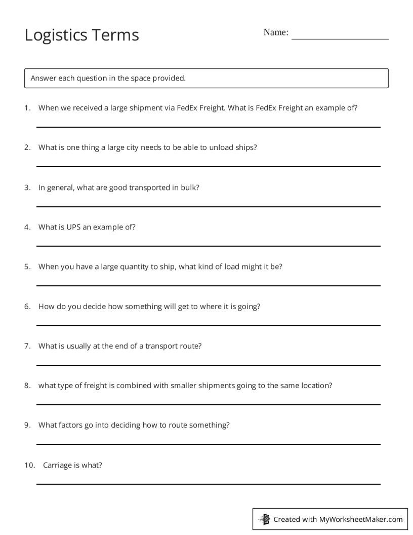 Logistics Terms - My Worksheet Maker: Create Your Own Worksheets