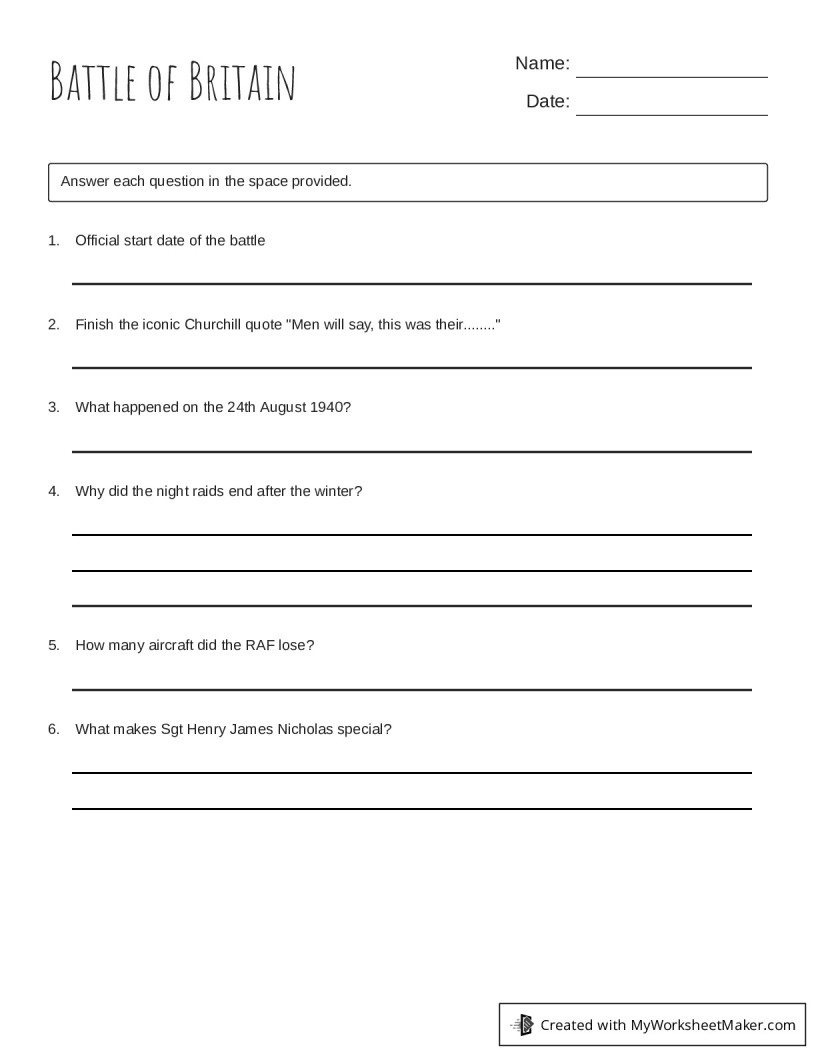 Battle of Britain - My Worksheet Maker: Create Your Own Worksheets