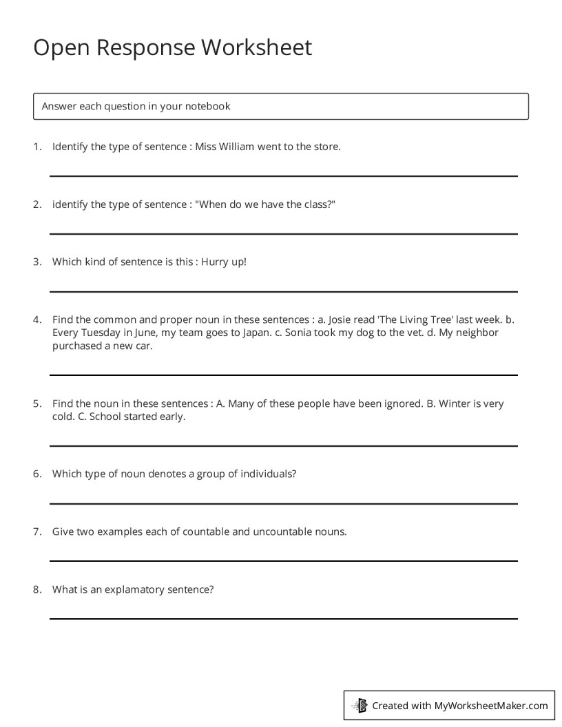 Open Response Worksheet - My Worksheet Maker: Create Your Own Worksheets
