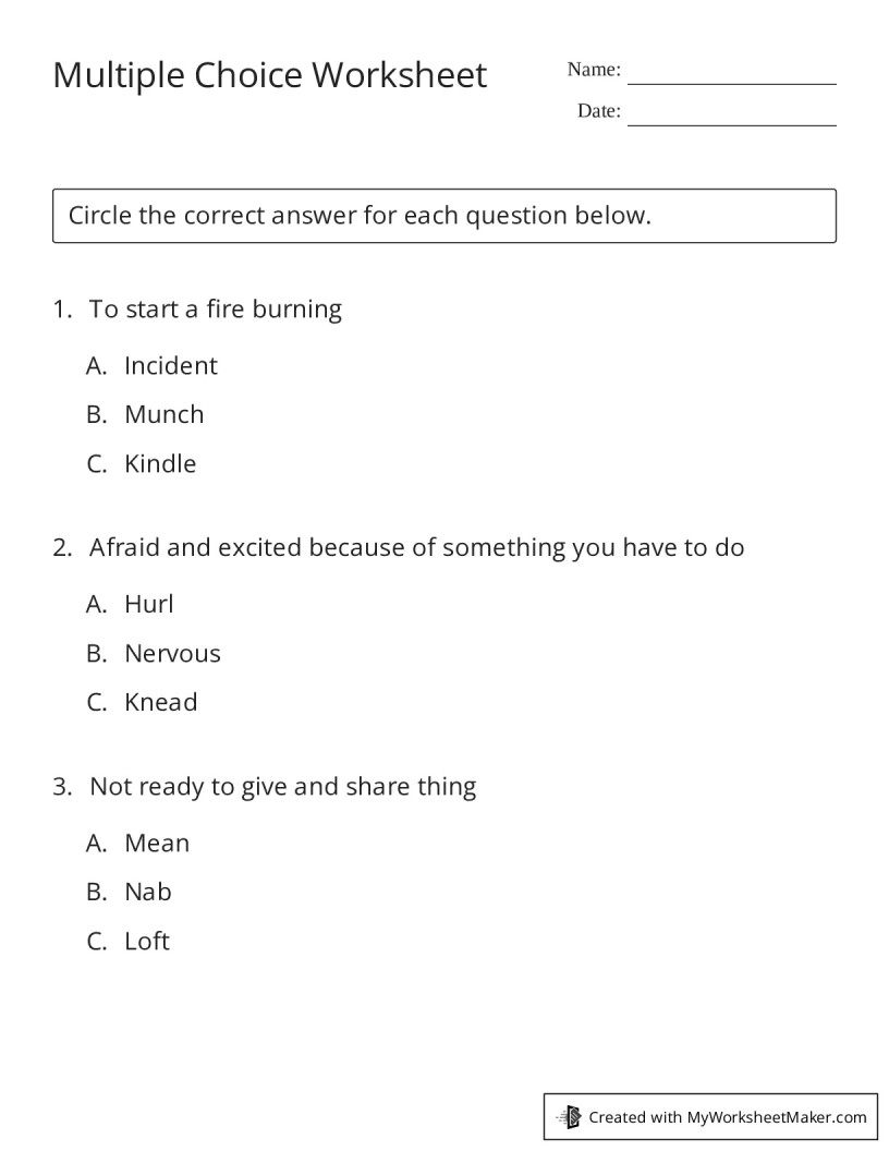 Multiple Choice Worksheet - My Worksheet Maker: Create Your Own Worksheets