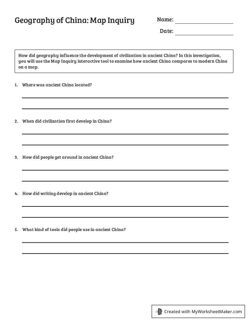 Geography of China: Map Inquiry - My Worksheet Maker: Create Your Own ...
