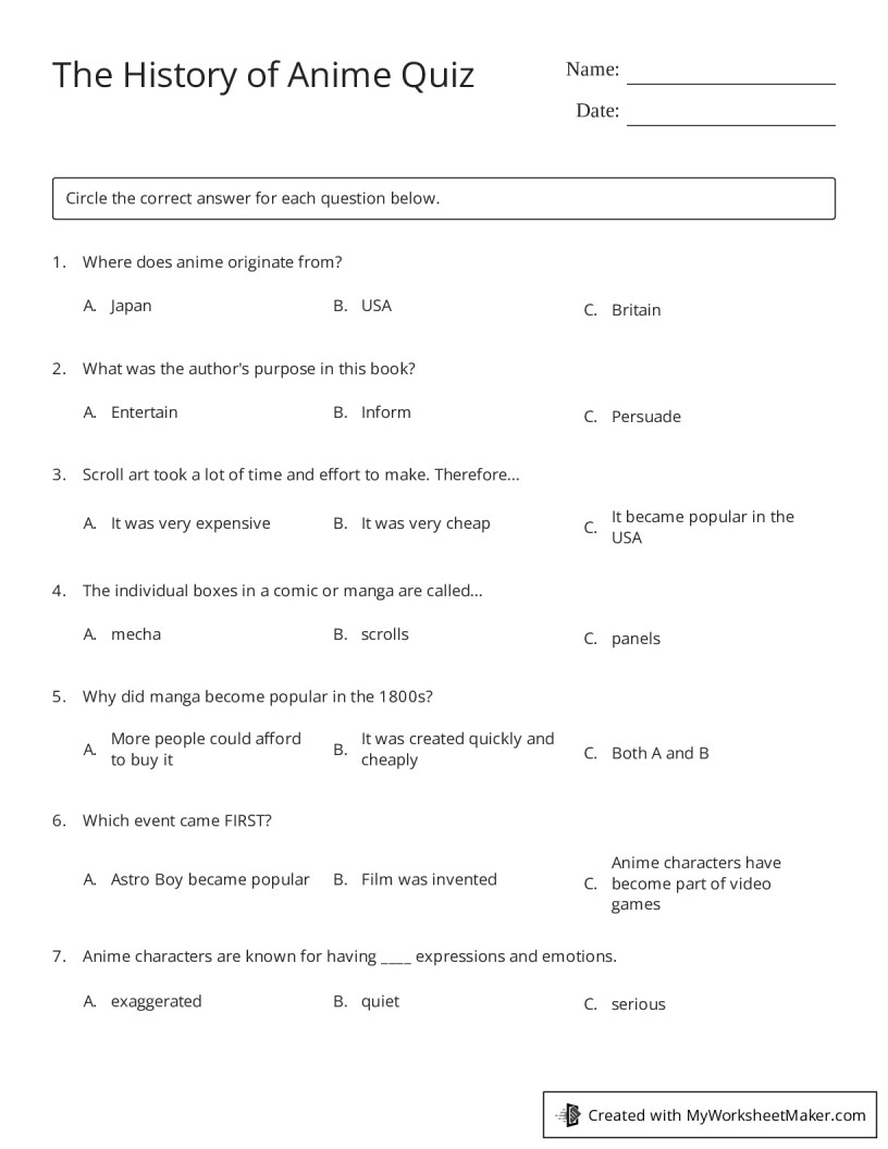 The History of Anime Quiz - My Worksheet Maker: Create Your Own Worksheets