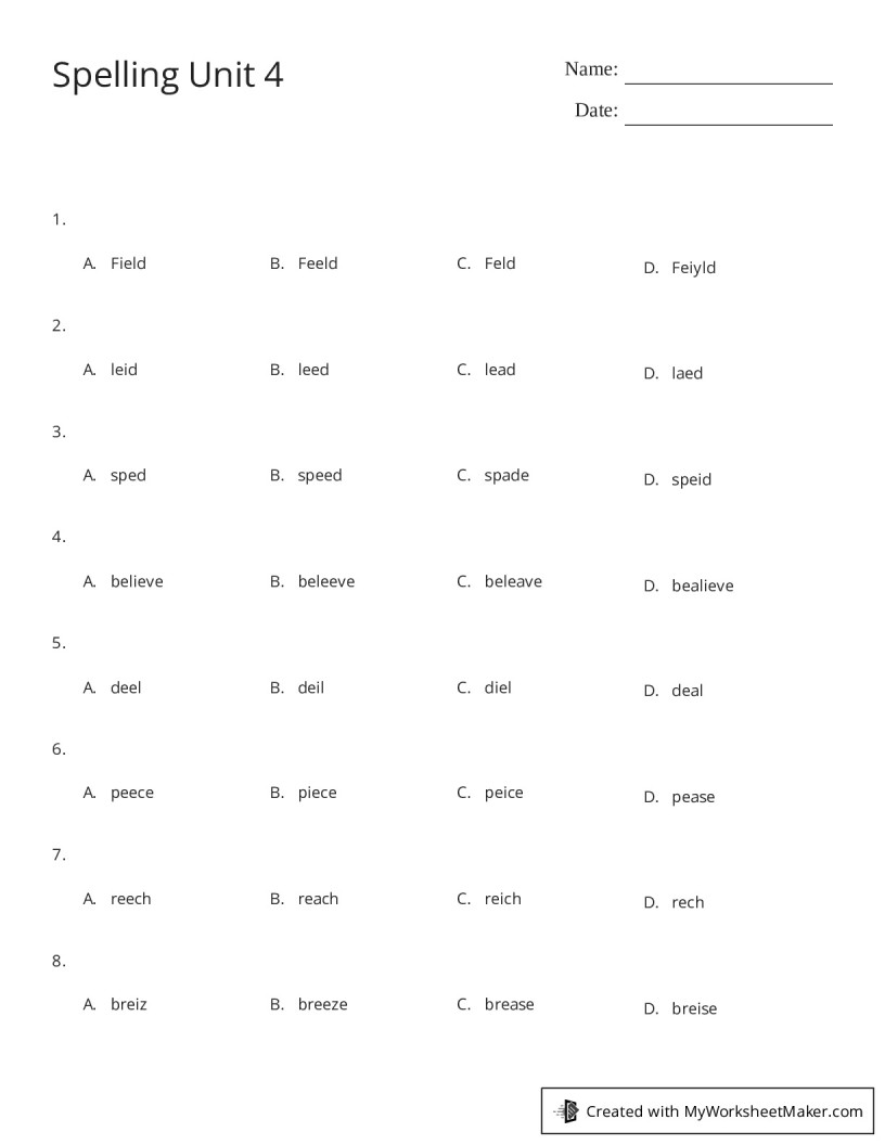 Spelling Unit 4 - My Worksheet Maker: Create Your Own Worksheets