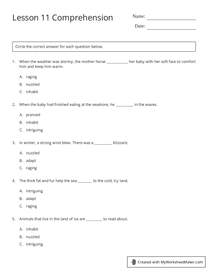 Lesson 11 Comprehension - My Worksheet Maker: Create Your Own Worksheets