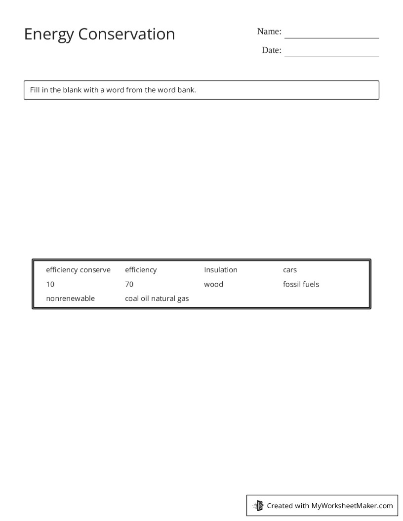 Energy Conservation - My Worksheet Maker: Create Your Own Worksheets