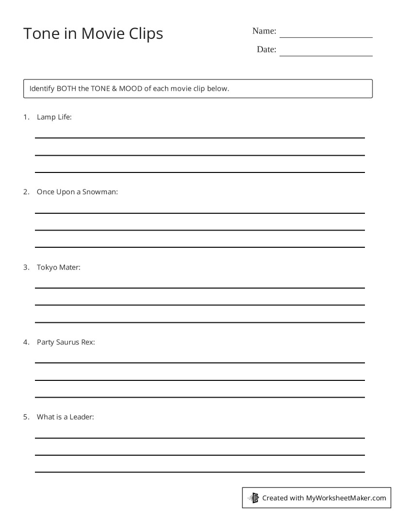 Tone in Movie Clips - My Worksheet Maker: Create Your Own Worksheets