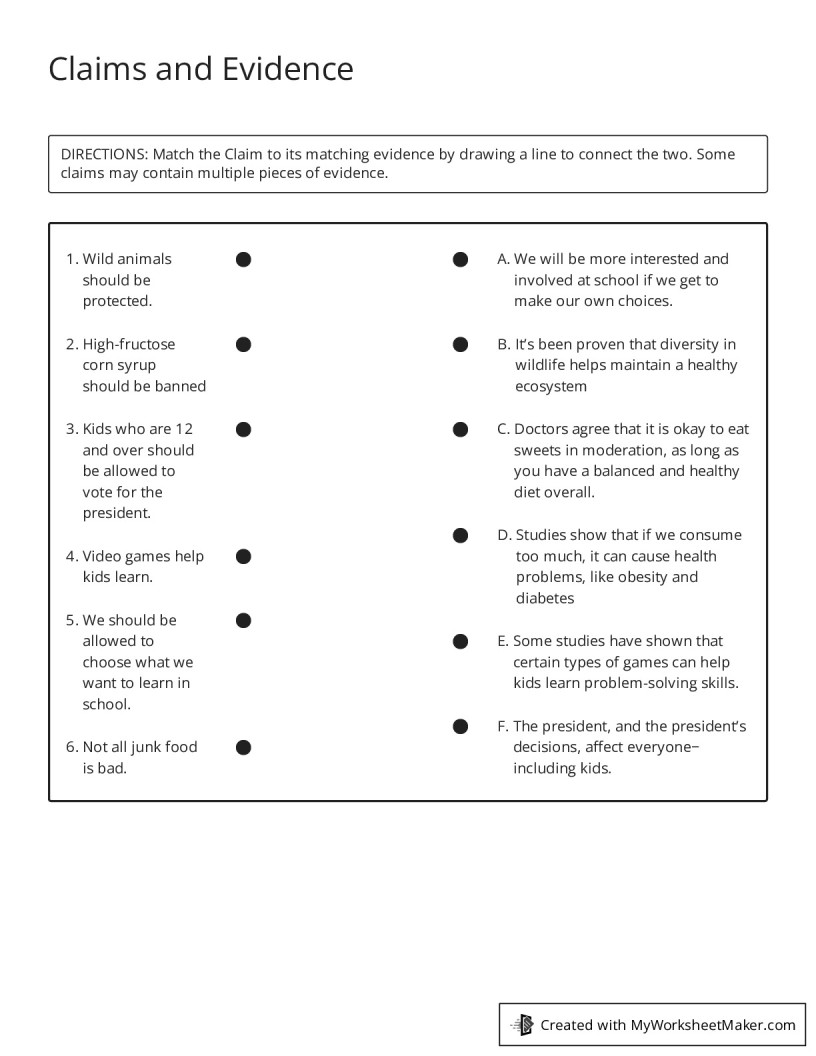 Claims and Evidence - My Worksheet Maker: Create Your Own Worksheets