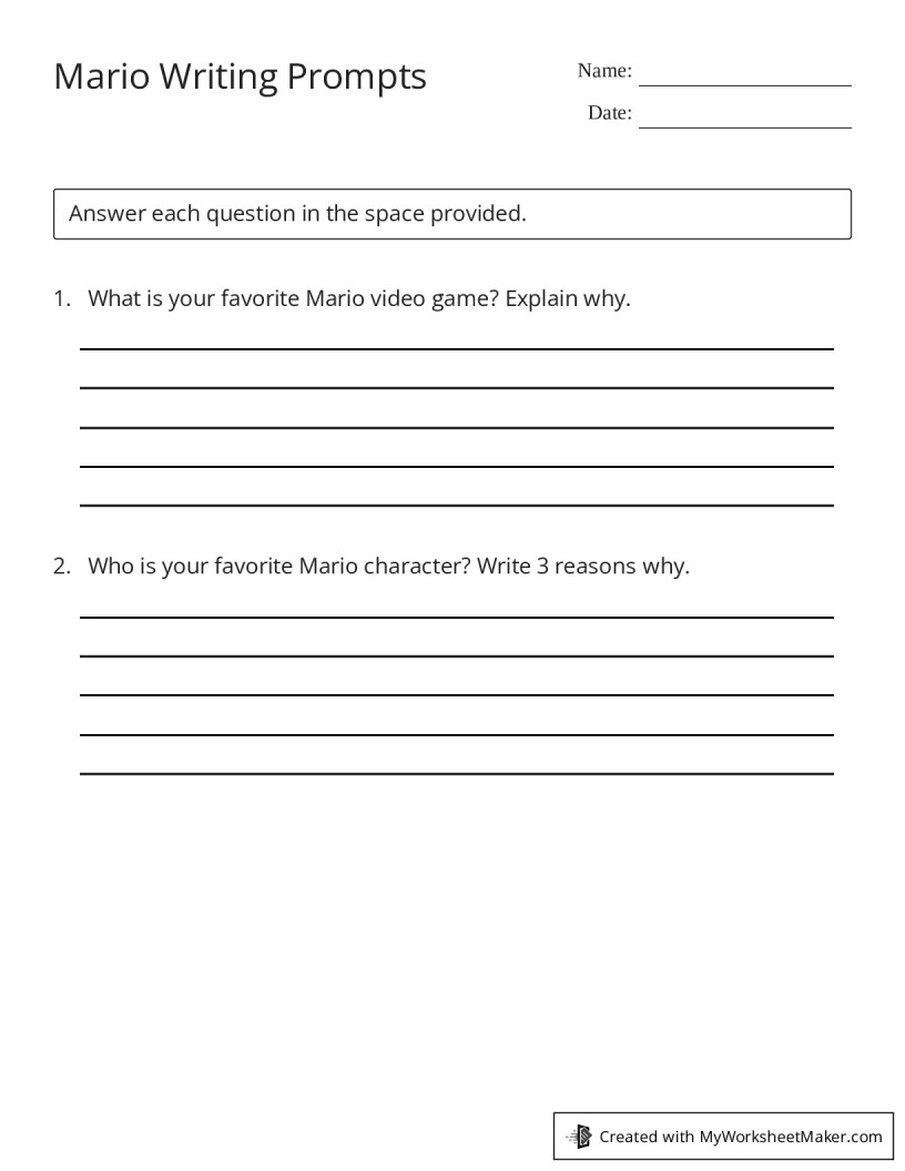 Mario Writing Prompts - My Worksheet Maker: Create Your Own Worksheets