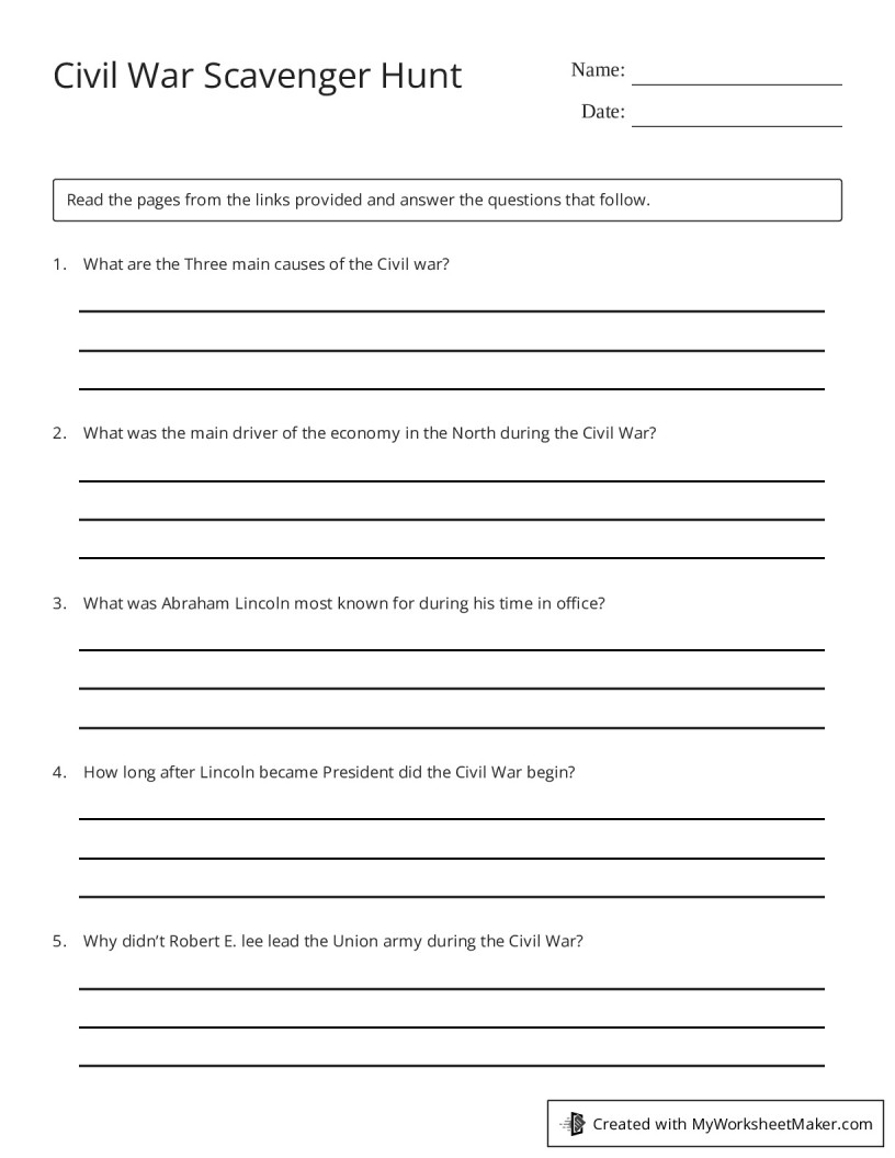Civil War Scavenger Hunt - My Worksheet Maker: Create Your Own Worksheets