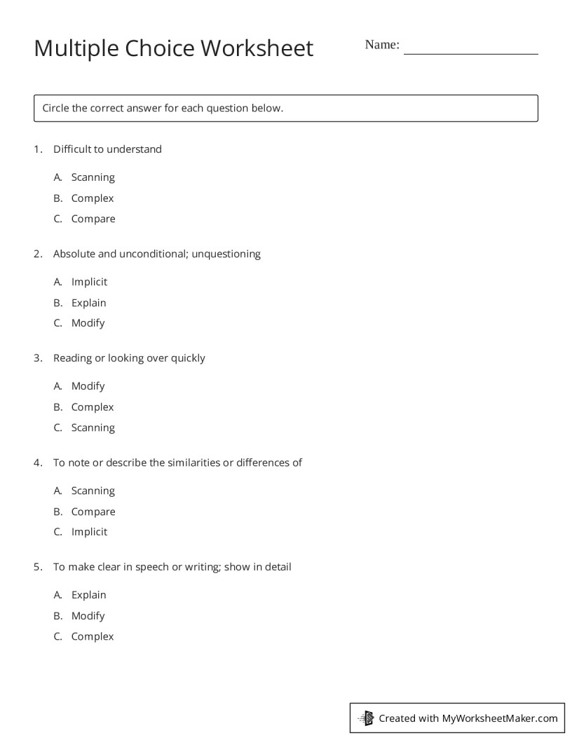 Multiple Choice Worksheet - My Worksheet Maker: Create Your Own Worksheets