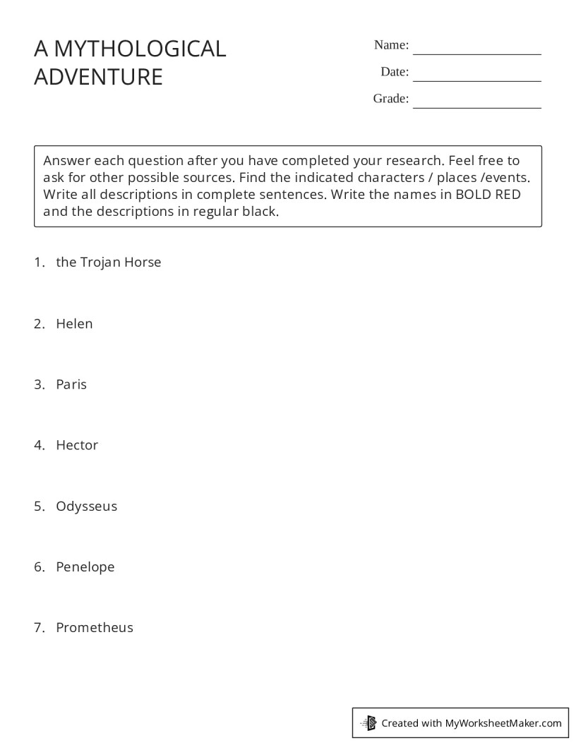 A MYTHOLOGICAL ADVENTURE - My Worksheet Maker: Create Your Own Worksheets