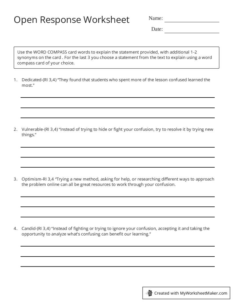 Open Response Worksheet - My Worksheet Maker: Create Your Own Worksheets