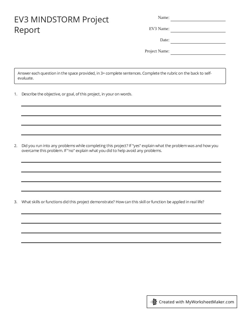 EV3 MINDSTORM Project Report - My Worksheet Maker: Create Your Own ...