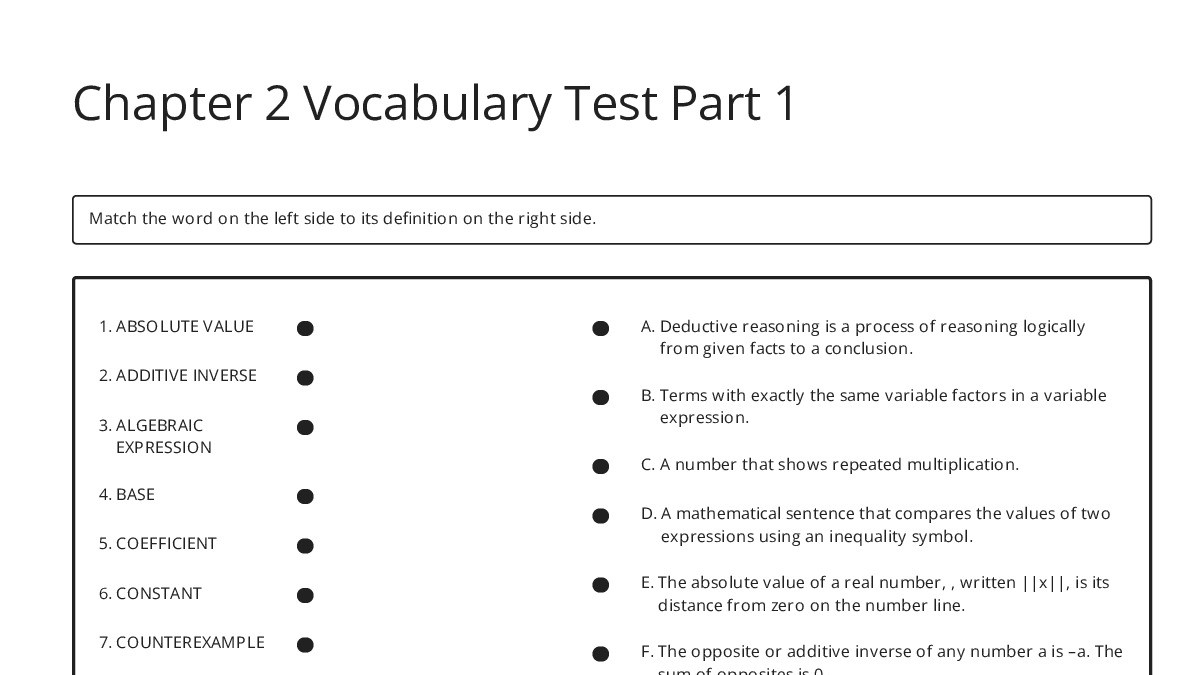 Chapter 2 Vocabulary Test Part 1 - My Worksheet Maker: Create Your Own ...