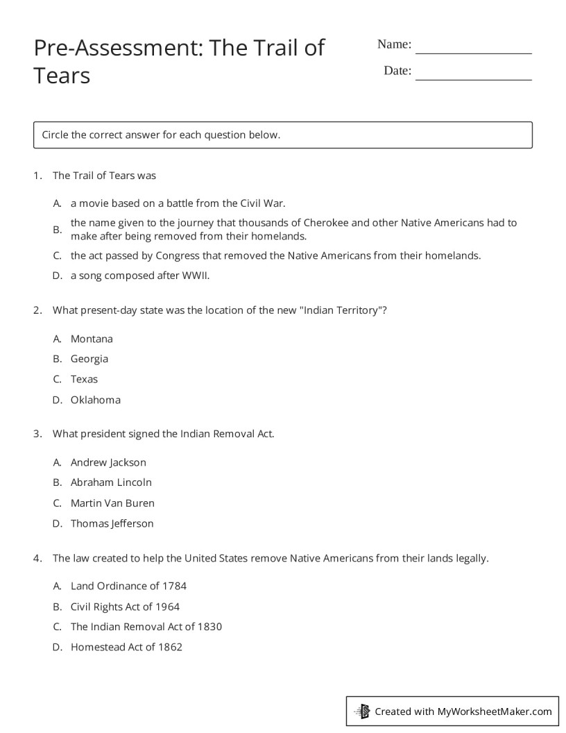 Pre-Assessment: The Trail of Tears - My Worksheet Maker: Create Your ...