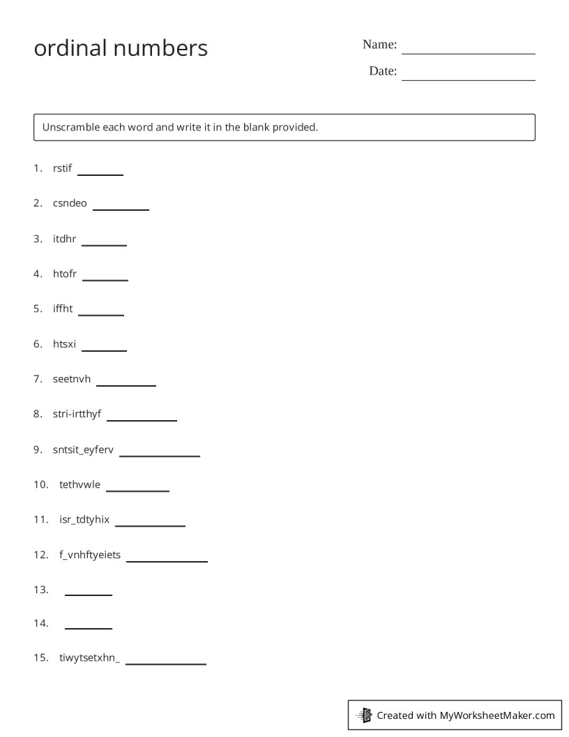 ordinal numbers - My Worksheet Maker: Create Your Own Worksheets