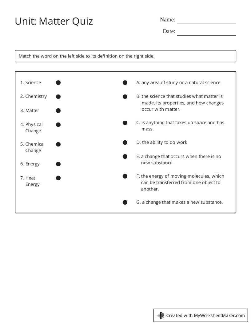 Unit: Matter Quiz - My Worksheet Maker: Create Your Own Worksheets