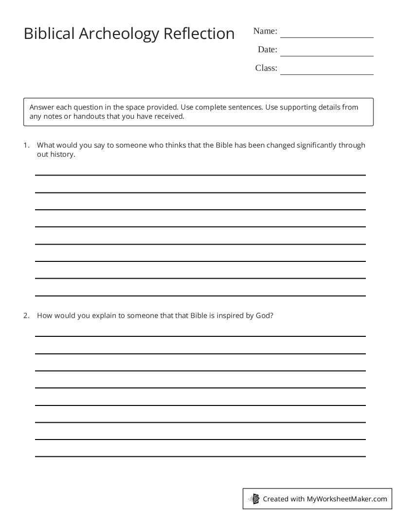 Biblical Archeology Reflection - My Worksheet Maker: Create Your Own ...
