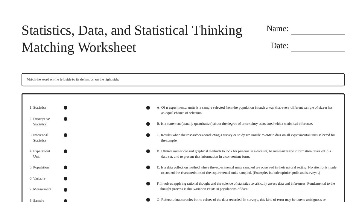 Statistics, Data, and Statistical Thinking Matching Worksheet - My ...