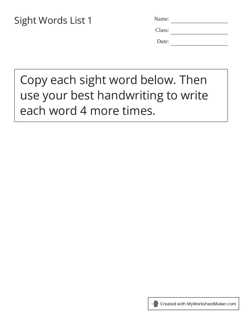 Sight Words List 1 - My Worksheet Maker: Create Your Own Worksheets