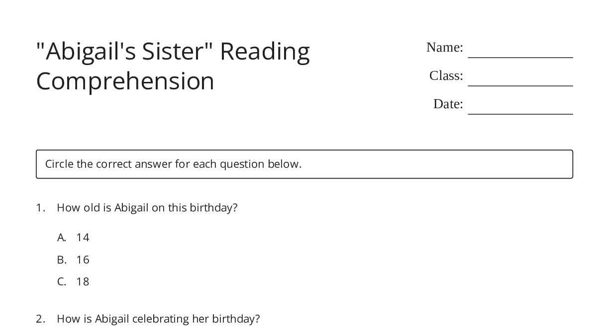 "Abigail's Sister" Reading Comprehension - My Worksheet Maker: Create ...