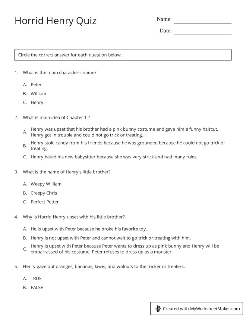 Horrid Henry Quiz - My Worksheet Maker: Create Your Own Worksheets