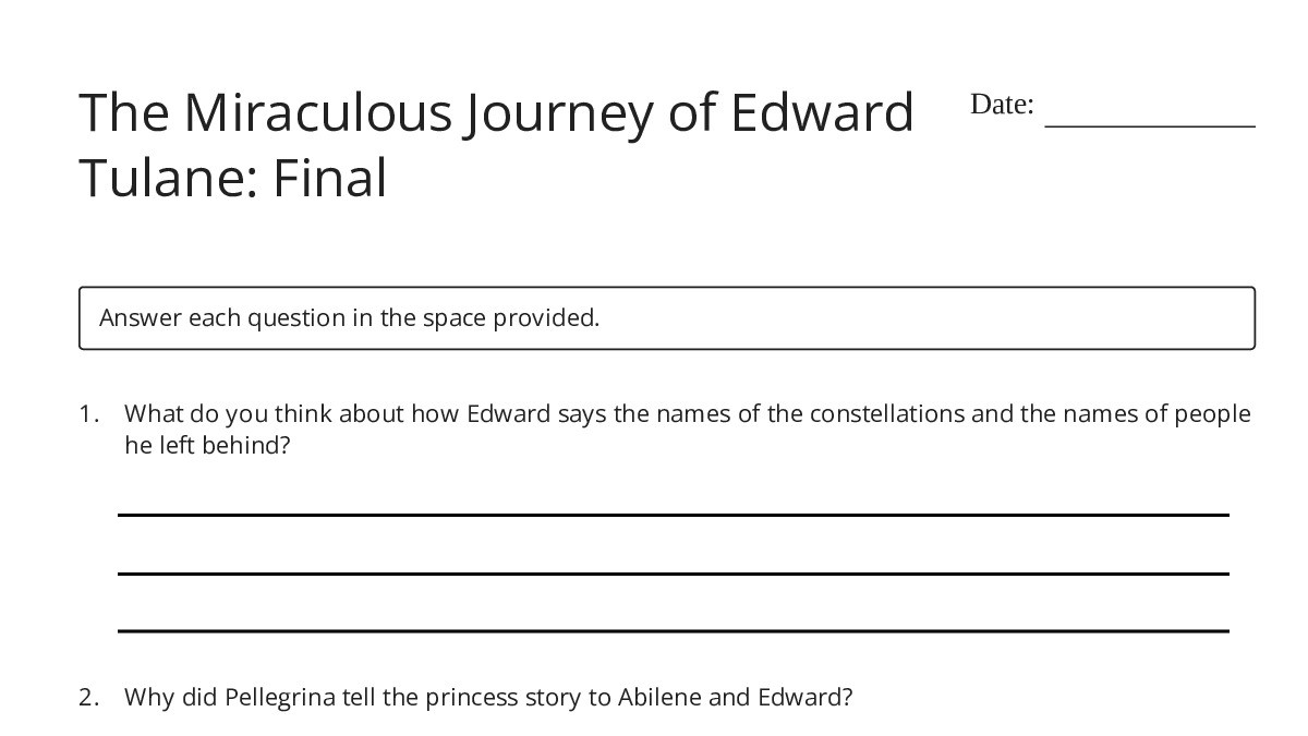 The Miraculous Journey of Edward Tulane: Final - My Worksheet Maker ...