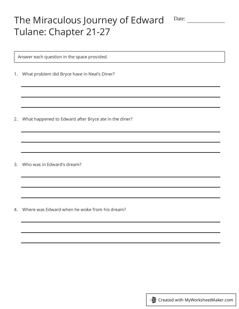 The Miraculous Journey of Edward Tulane: Chapter 21-27 - My Worksheet ...