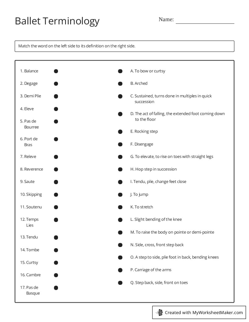 Ballet Terminology - My Worksheet Maker: Create Your Own Worksheets