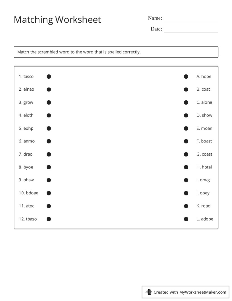 Matching Worksheet - My Worksheet Maker: Create Your Own Worksheets
