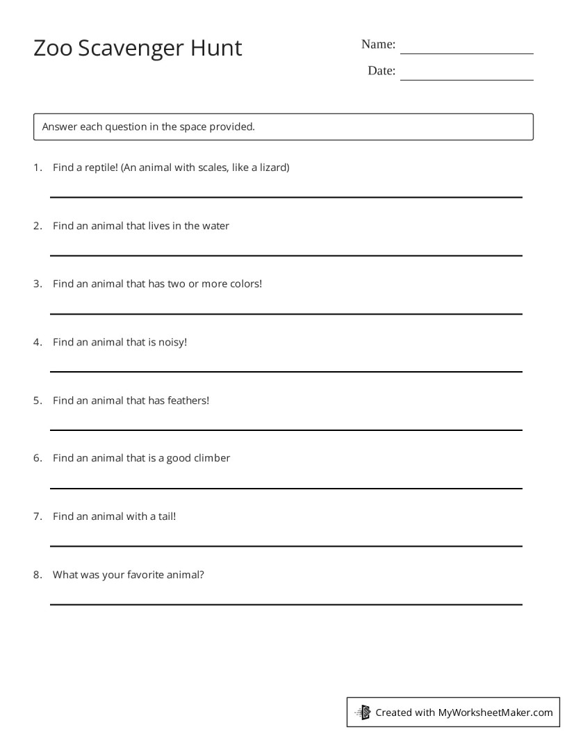 Zoo Scavenger Hunt - My Worksheet Maker: Create Your Own Worksheets