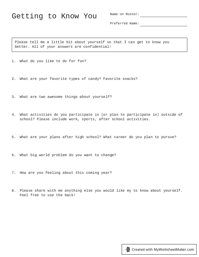 Getting to Know You - My Worksheet Maker: Create Your Own Worksheets