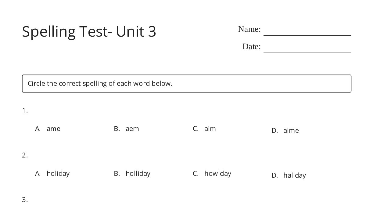 Spelling Test- Unit 3 - My Worksheet Maker: Create Your Own Worksheets